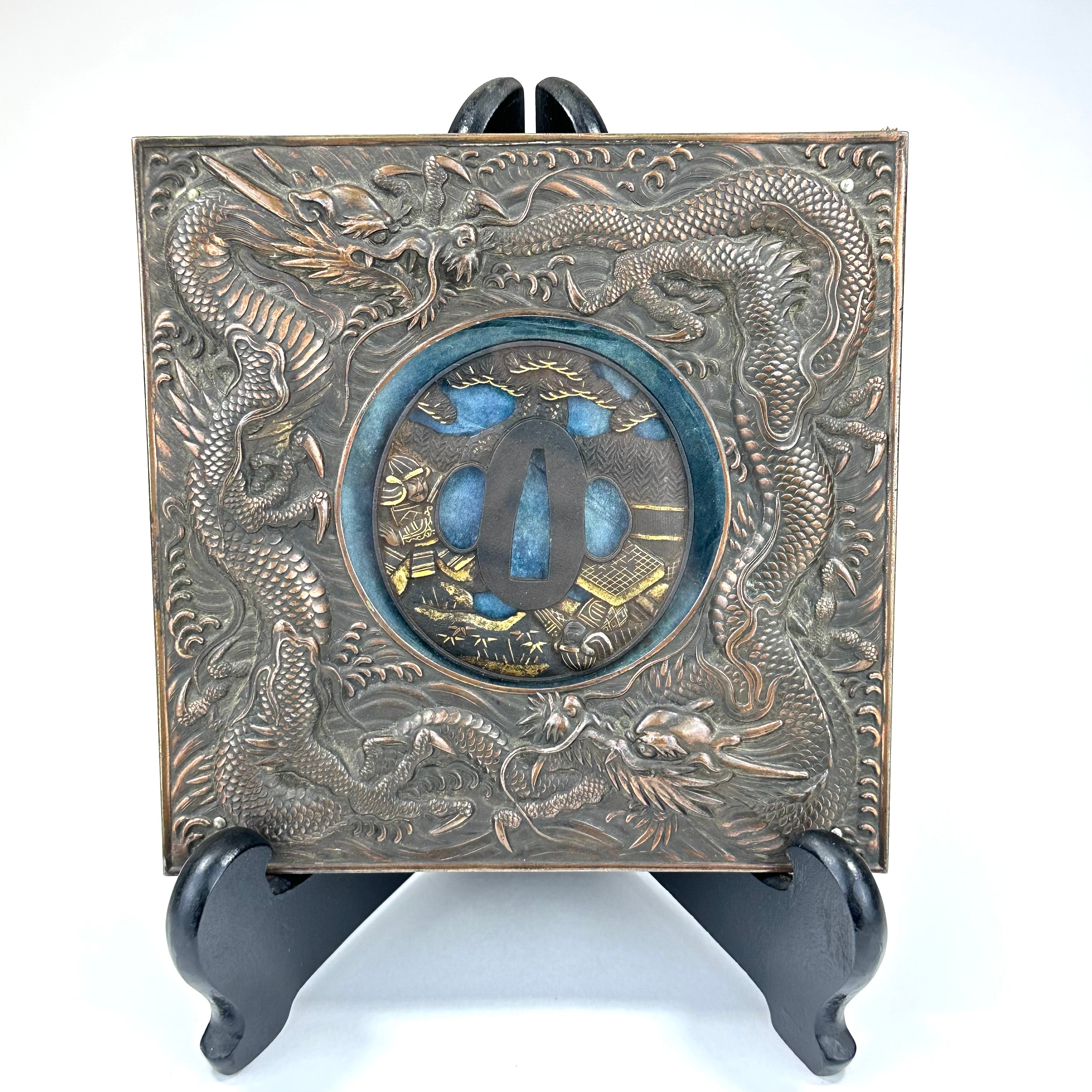 Antique Japanese Edo Era Samurai Iron Tsuba Sword Hilt Guard in Frame ...