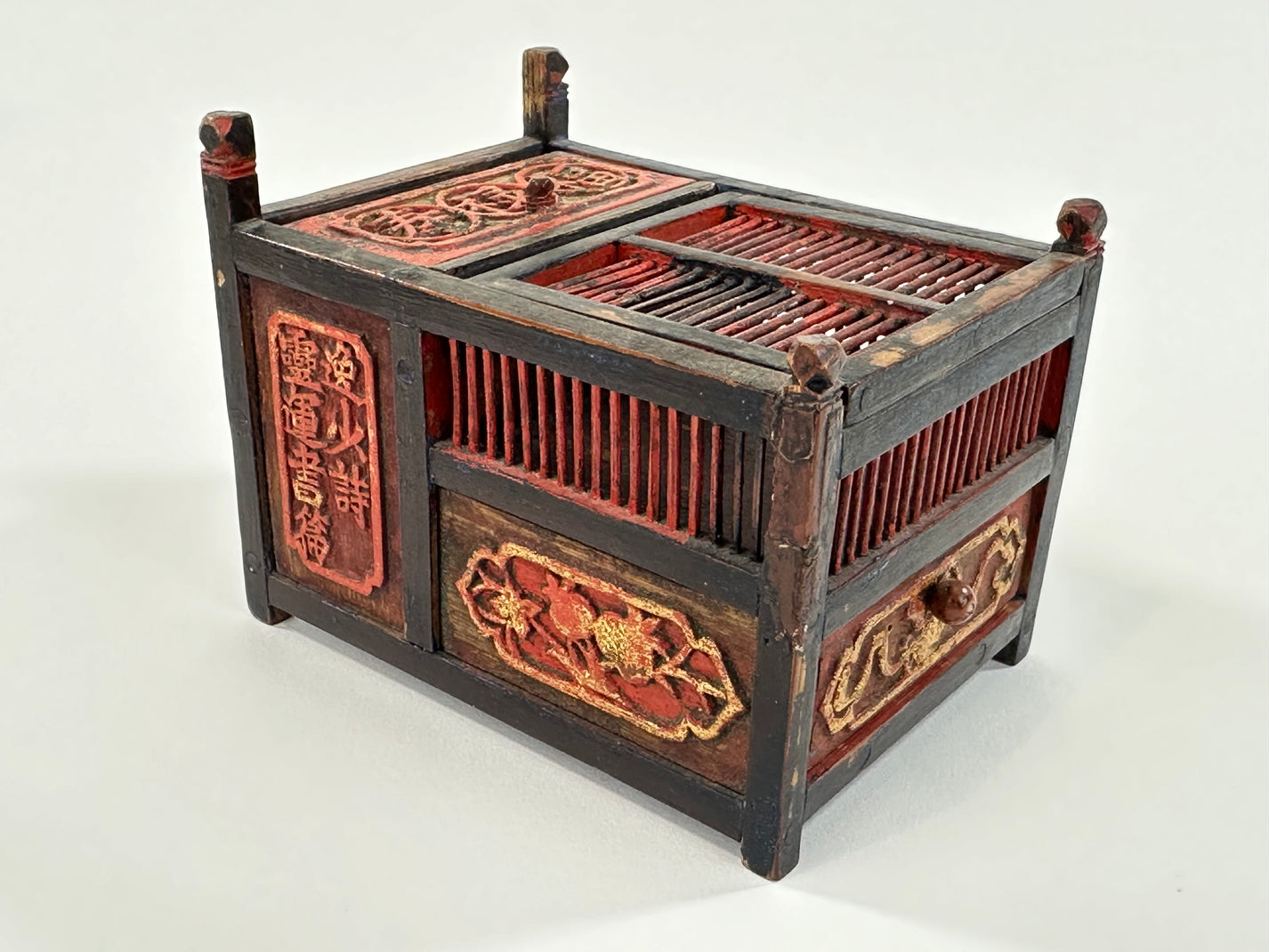 Antique Chinese Bamboo Singing Cricket Cage Fu Lu Shou Carved Lacquere ...