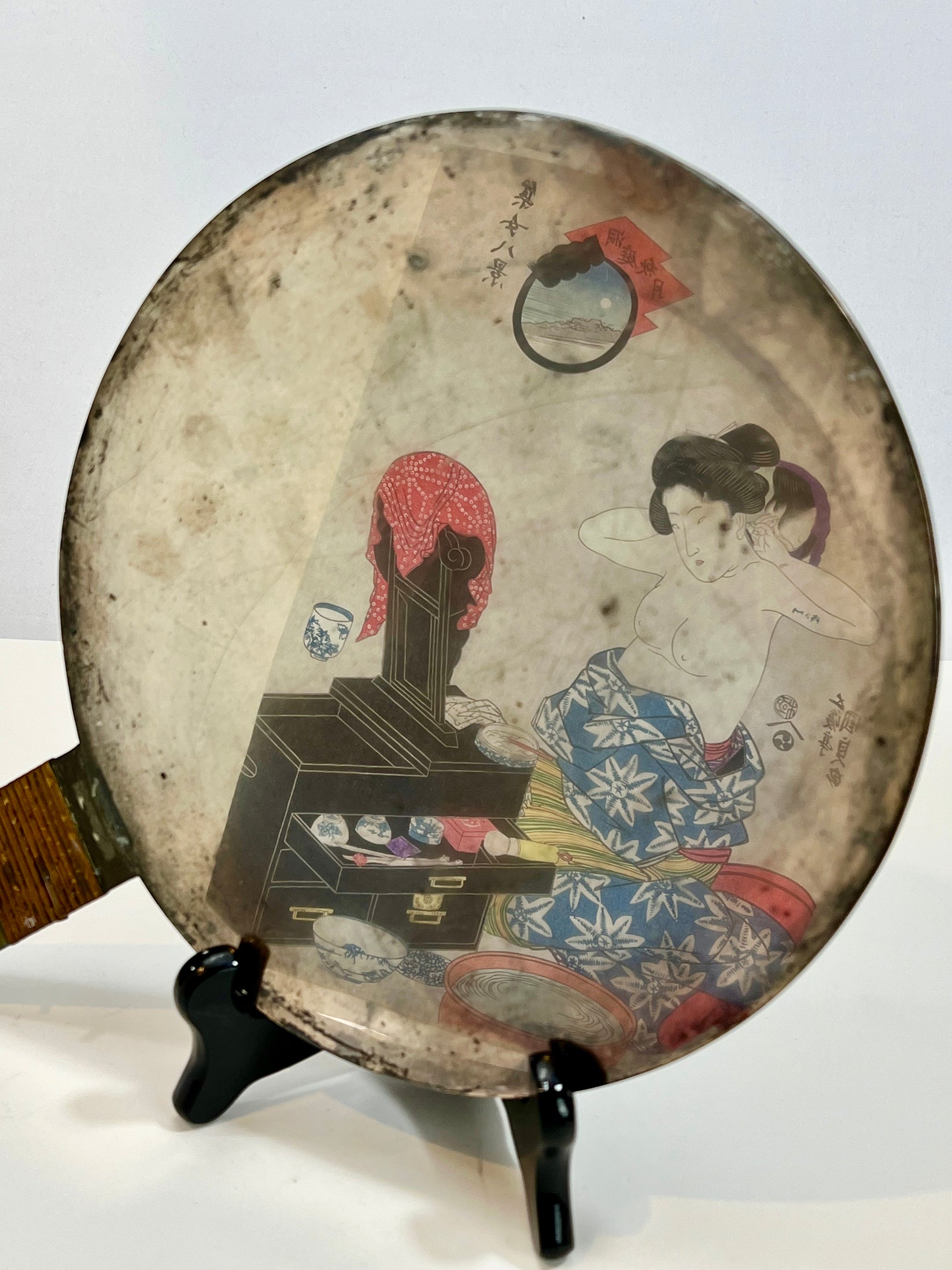 Antique Japanese Bronze Geisha Hand Mirror Kagami Crane & Turtle 11 ...