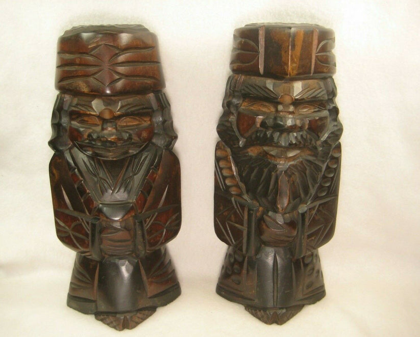 Vintage Japanese Hokkaido Ainu Carved Statues Man & Woman 12" Tall Fol ...